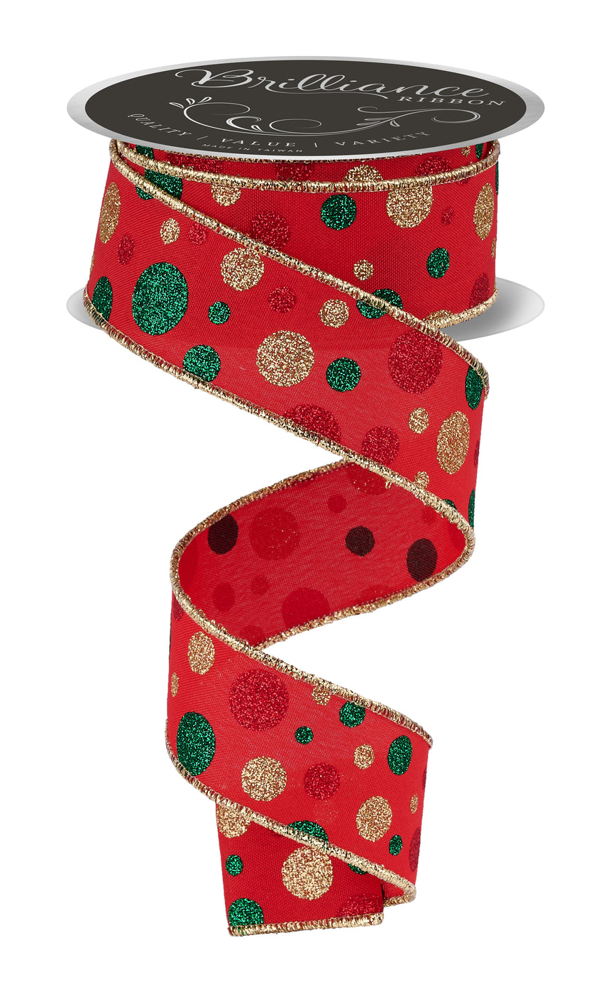 1.5"X10Yd Multi Polka Dot Red/Gold/Emerald LS304024 — DecoExchange®