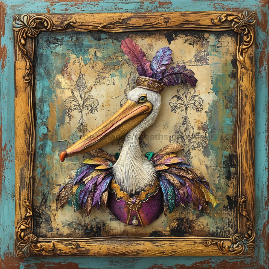 Mardi Gras Sign, Pelican Sign, DCO-13073, Sign For Wreath, 10x10" Meta ...